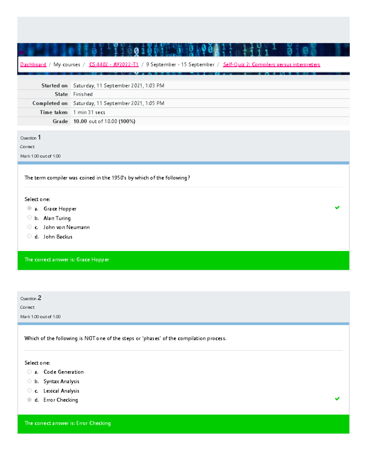 Self-Quiz 2 Compilers versus interpreters Attempt review - Started on Saturday, 11 September ...