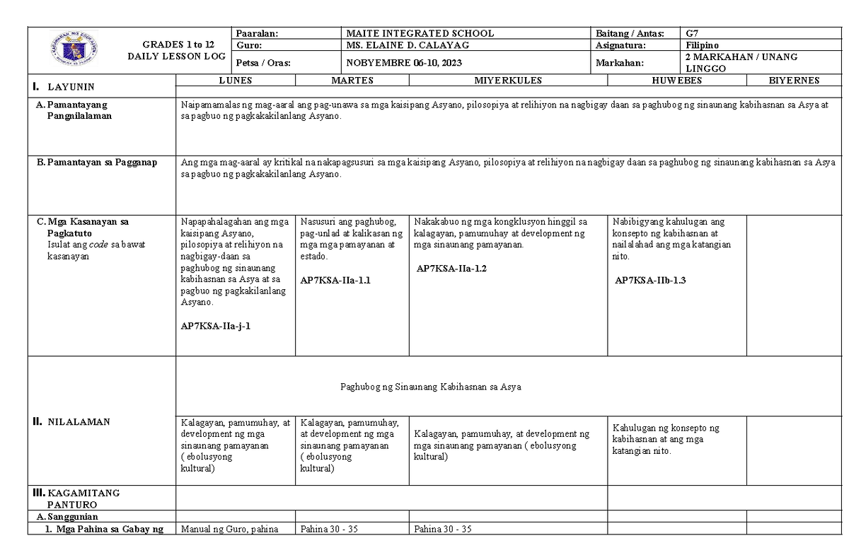 AP WK1 - DLP in AP Q2 W1 - GRADES 1 to 12 DAILY LESSON LOG Paaralan ...