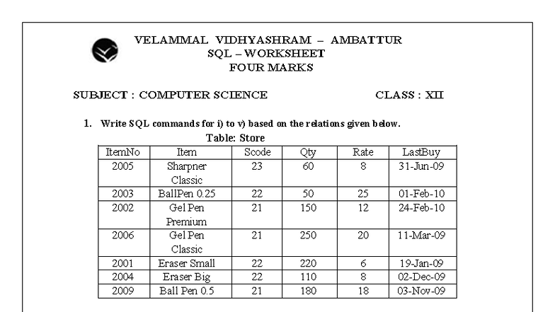 SQL Worksheet for 4 Marks - Computer Science Class XII - Studocu