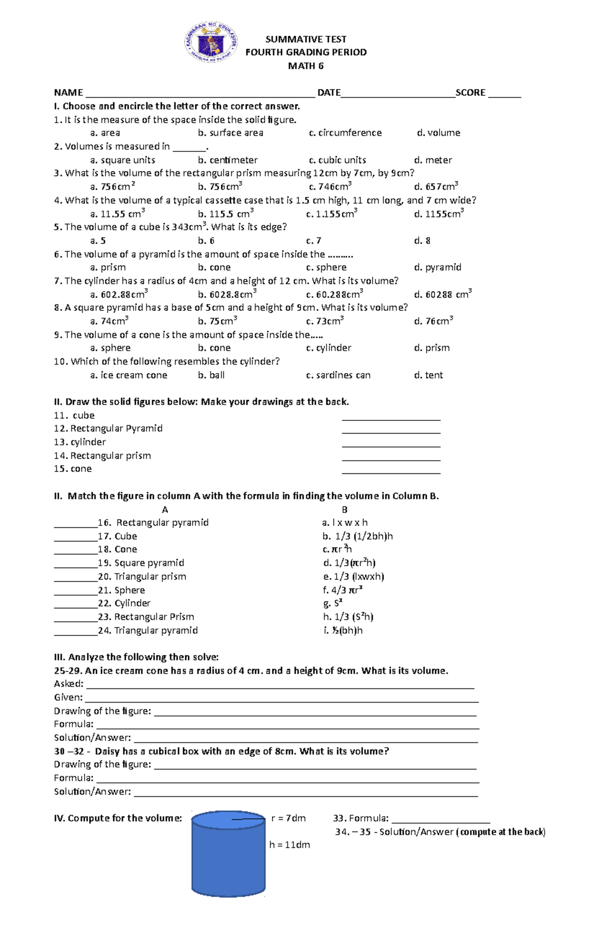 ST Mathematics 6 Summative Test Q4: Volume Concepts and Problems - Studocu