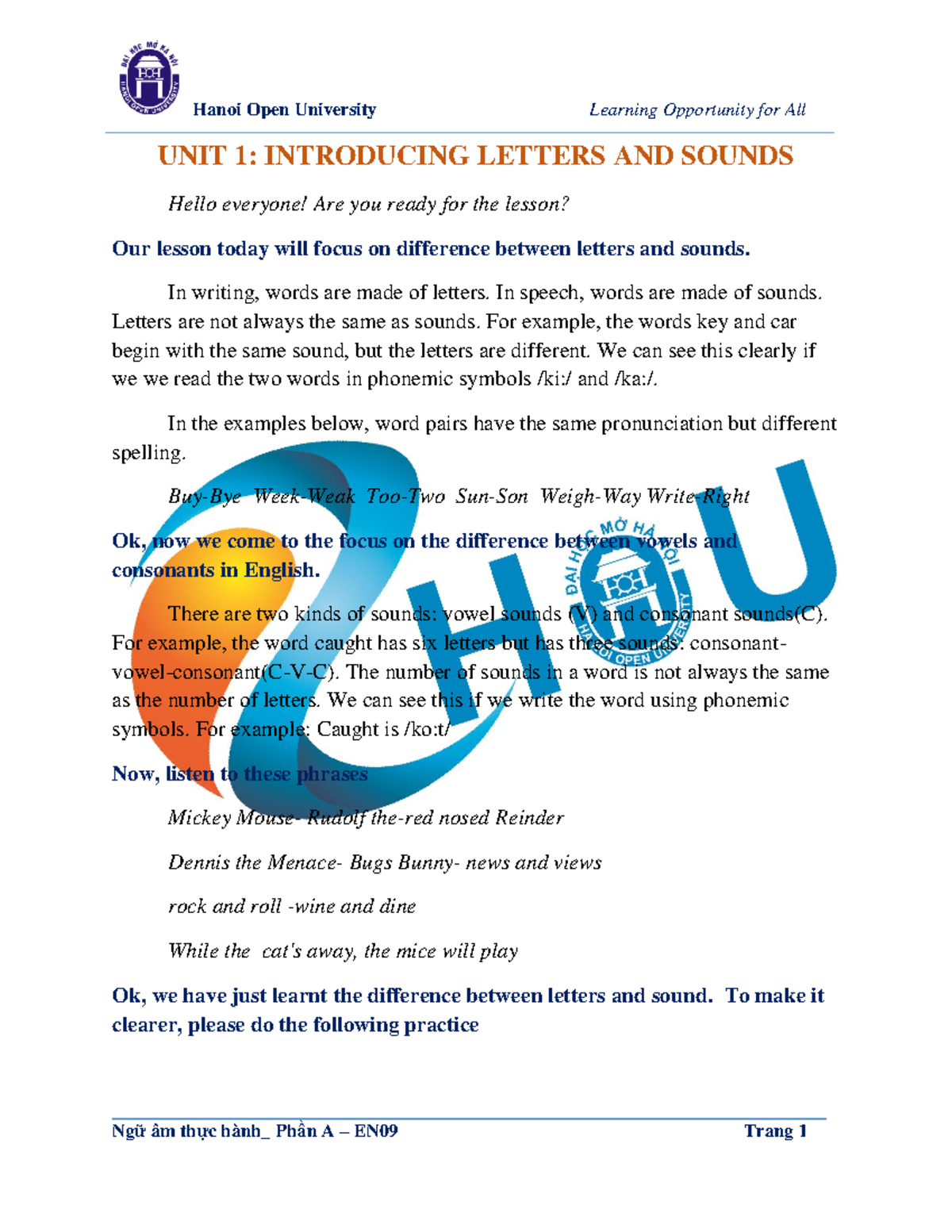 EN09 Unit 1: Intro to Letters & Sounds - Key Concepts & Practice - Studocu