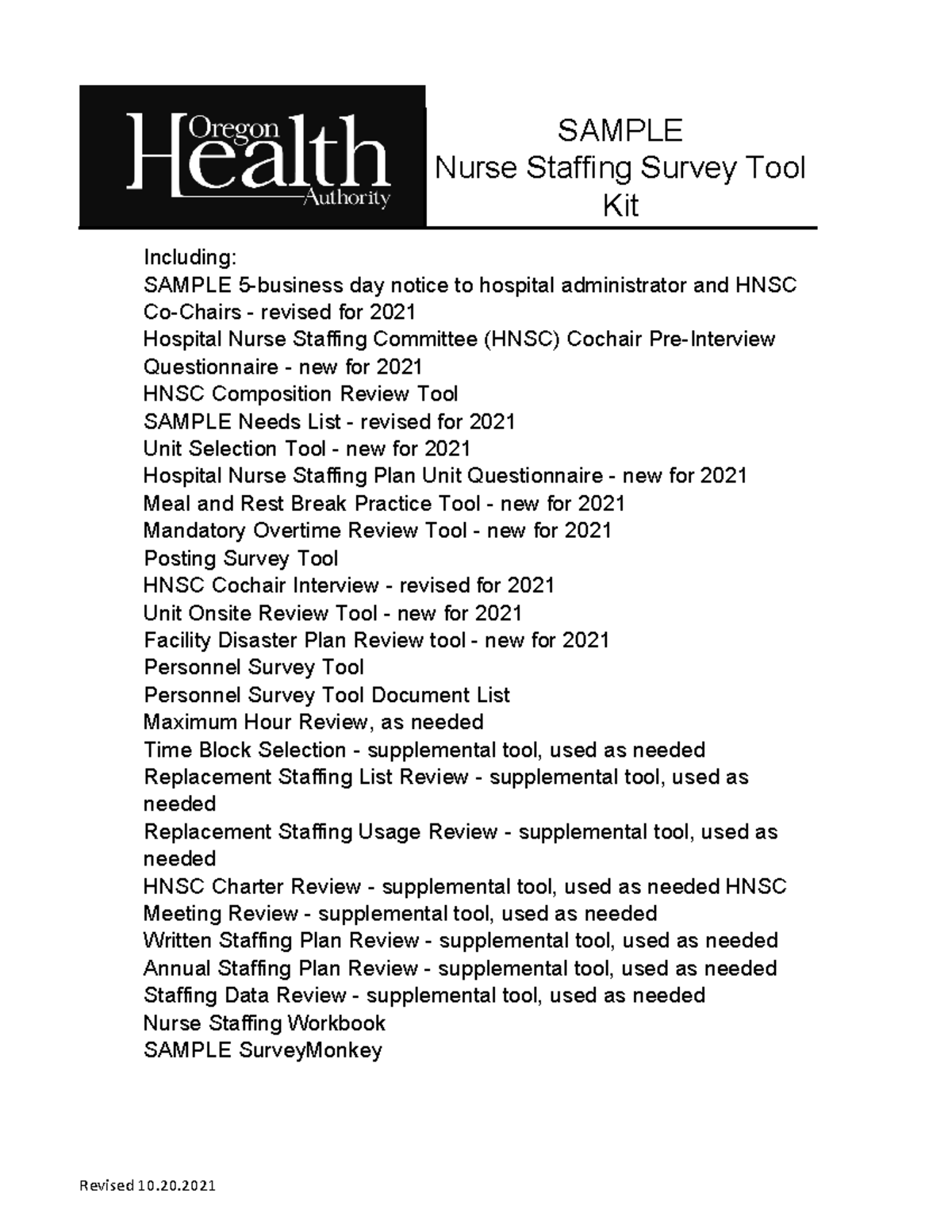 NSS 2021 Nurse Staffing Survey Tool Kit and Guidelines - Studocu