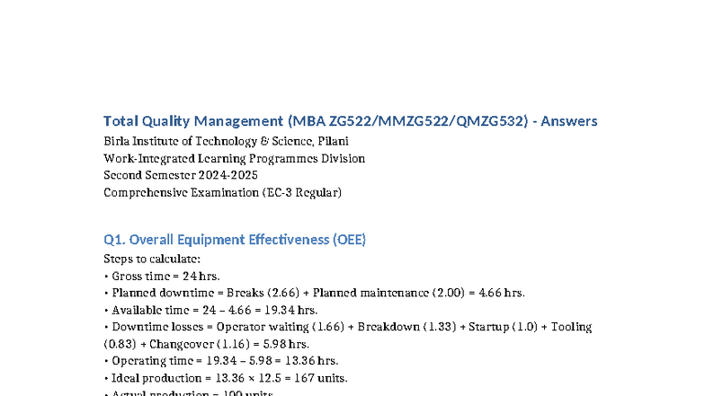 TQM 2024-2025 - Comprehensive Exam Answers (MBA) - Studocu