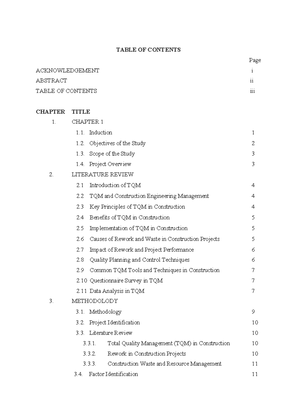 Total Quality Management (TQM) in Construction: Table of Contents - Studocu