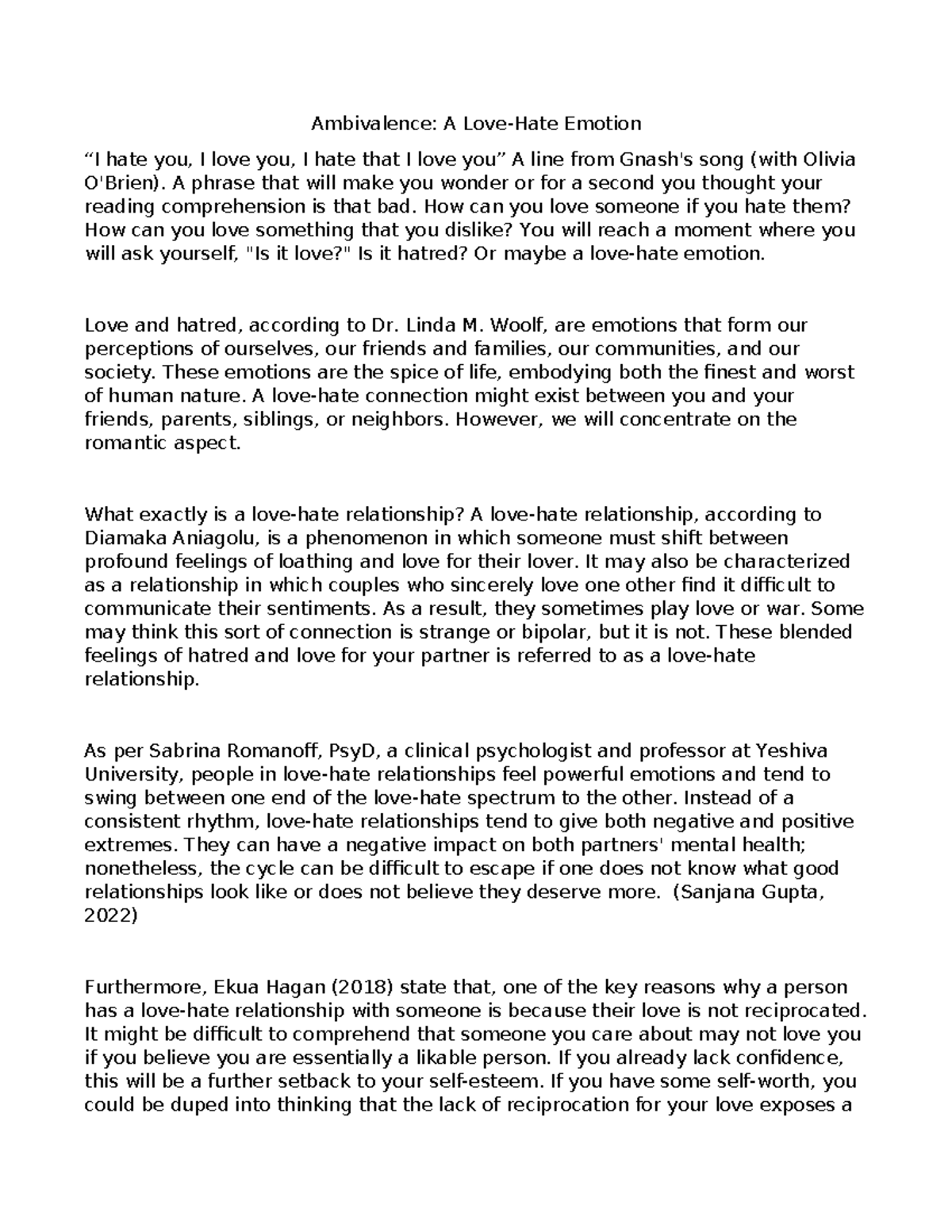 AMB 101 - LECTURE NOTES: Understanding Love-Hate Relationships - Studocu