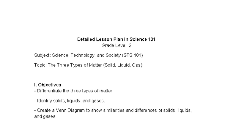 Detailed Lesson Plan: The Three Types of Matter (SCI 101) - Studocu
