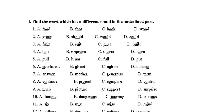 I. Identifying Different Sounds in Words - Trọng âm - Studocu