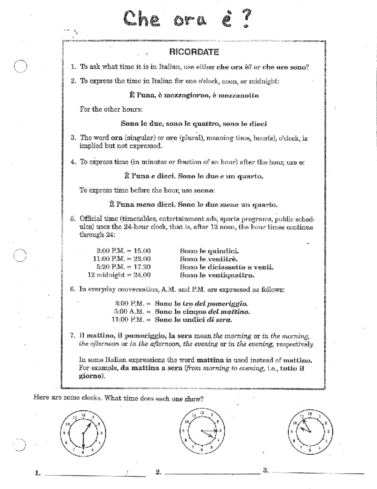 Italian Time Expressions: Che Ora e' Handout - Studocu