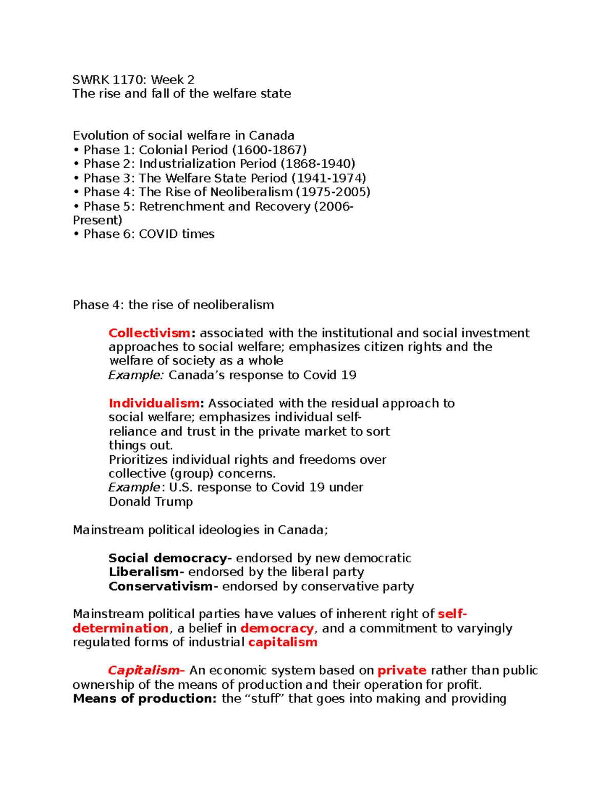 Swrk Notes - SWRK 1170: Week 2 The rise and fall of the welfare state ...
