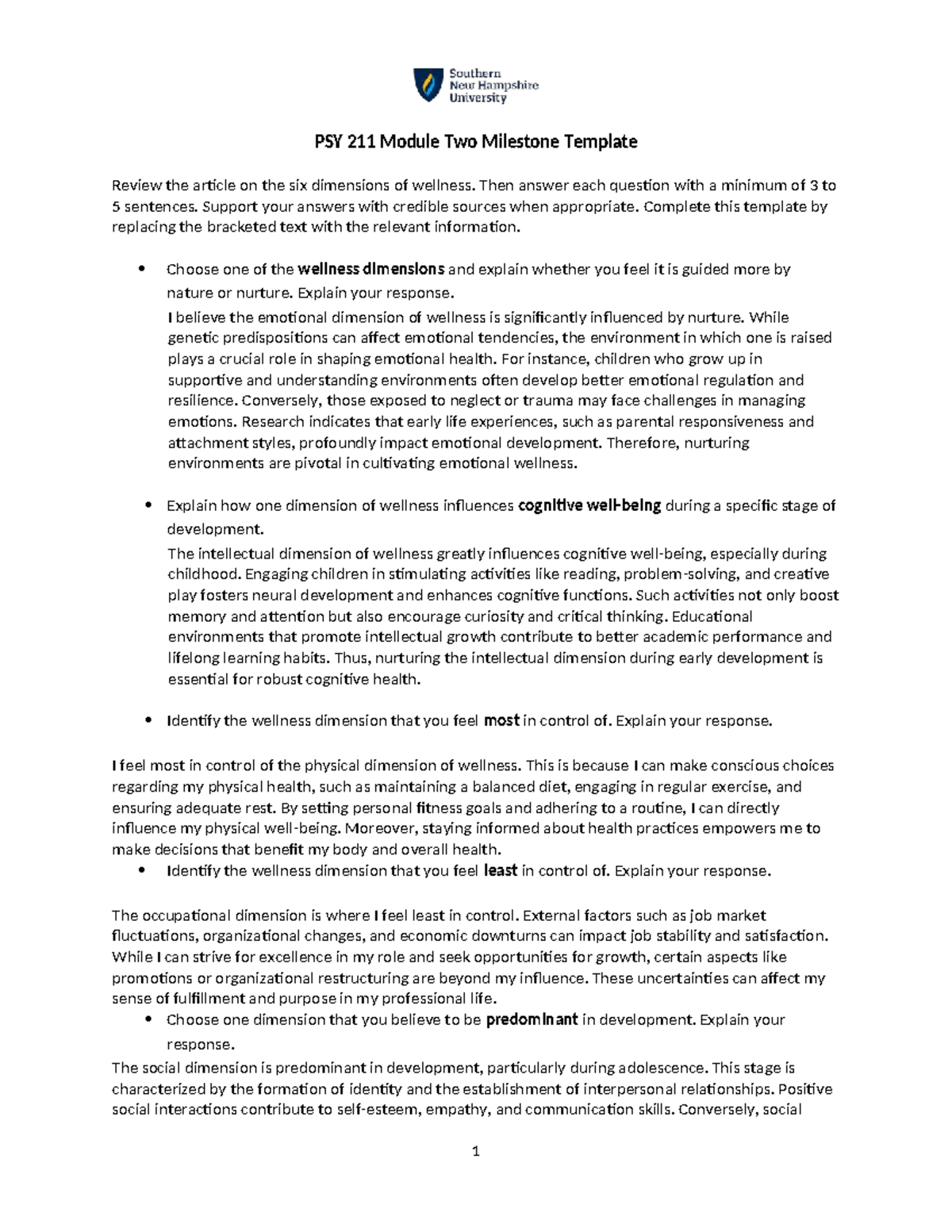 PSY 211 Module Two Milestone: Dimensions of Wellness Analysis - Studocu