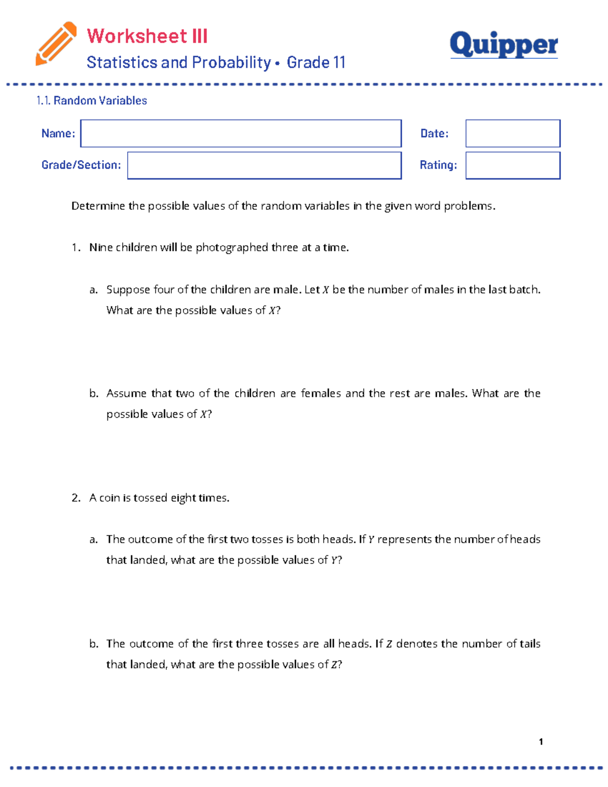 Worksheet ME SP 11 Q3 0101: Random Variables in Statistics - Studocu