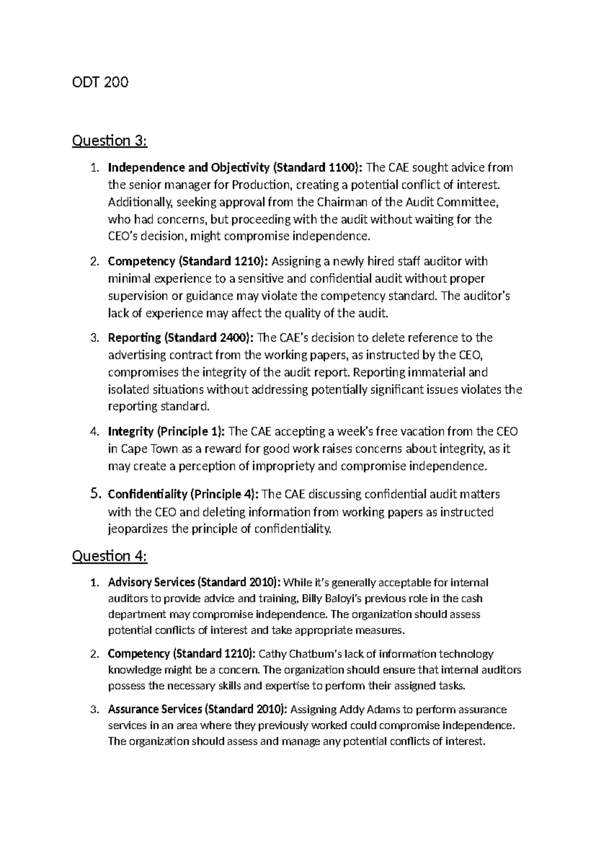 Tutorial Homework - ODT 200 Question 3: 1. Independence and Objectivity ...
