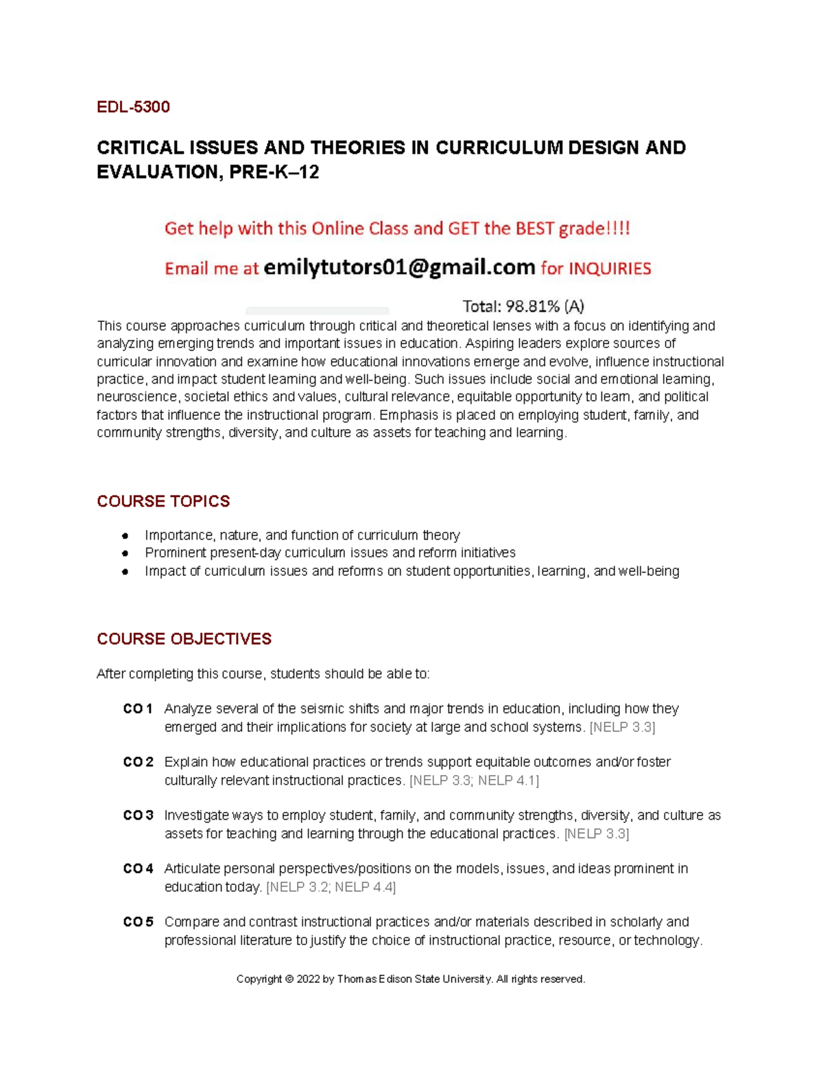 EDL-5300 Critical Issues & Theories in Curriculum Design & Eval - Studocu