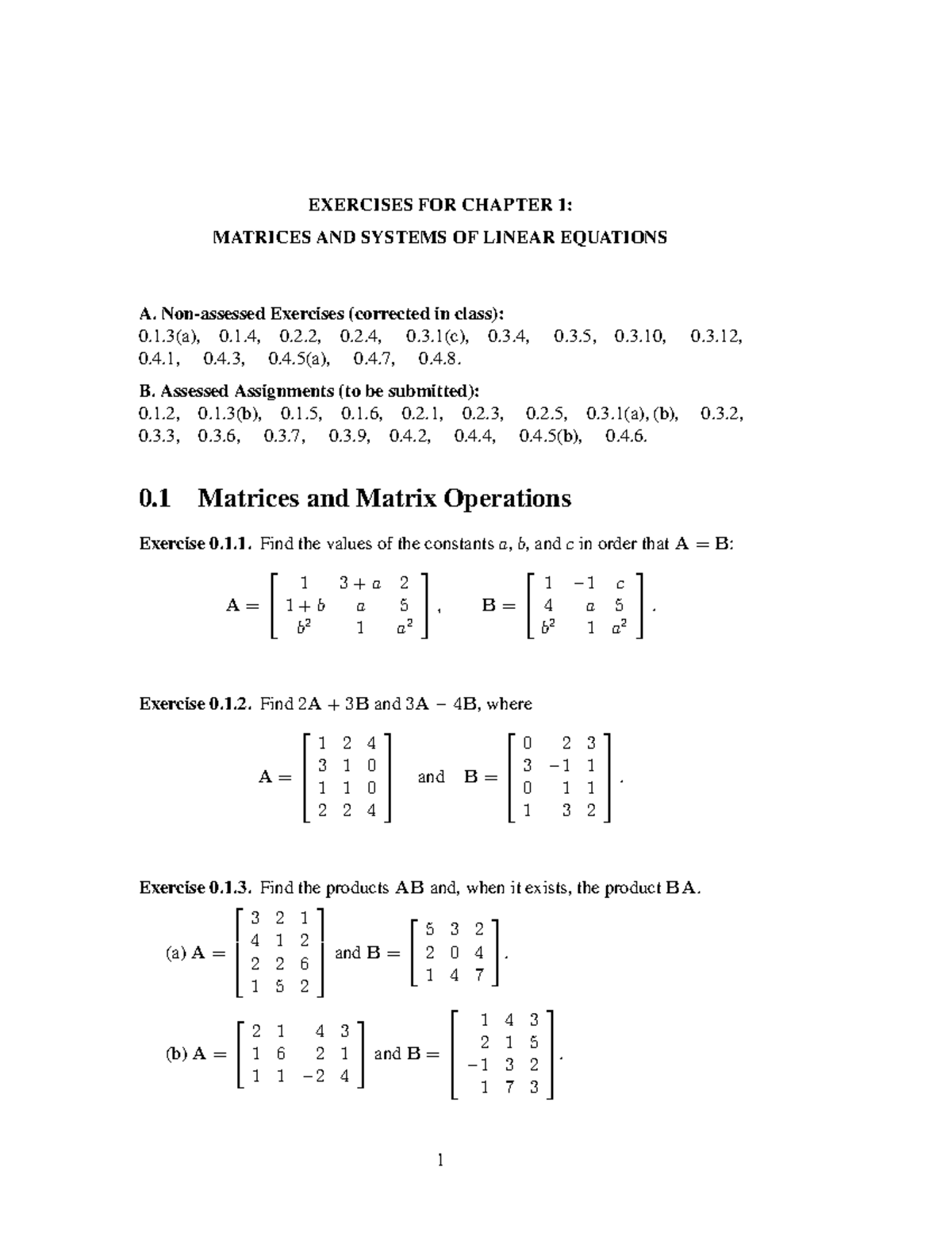 Linear Algebra Exercises SV CH1: Matrices & Linear Equations (2021 ...