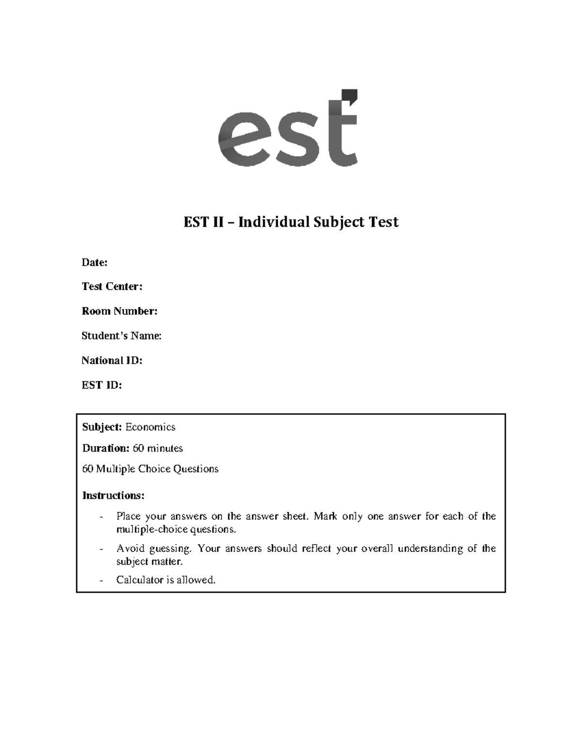 EST II Economics - Sample Test Questions and Answers - Studocu
