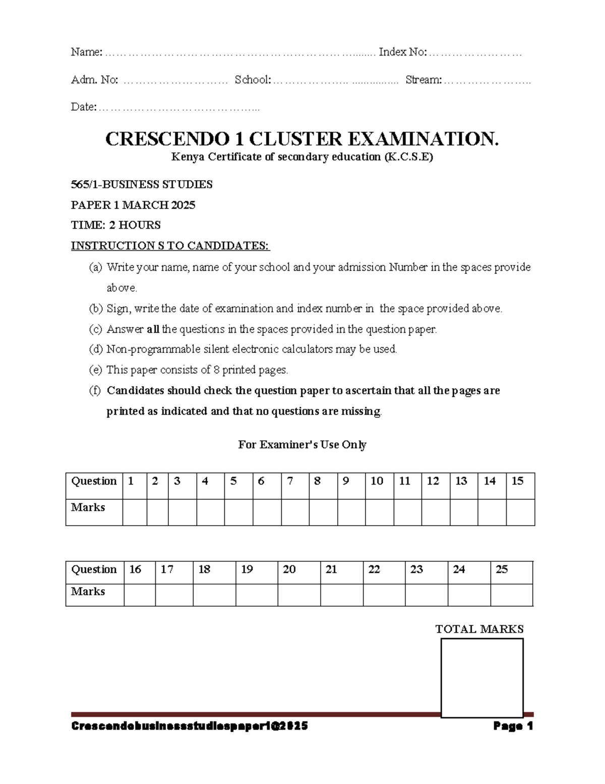 CRESCENDO 1 CLUSTER EXAMINATION: K.C.S.E Business Paper 1 Practice - Studocu