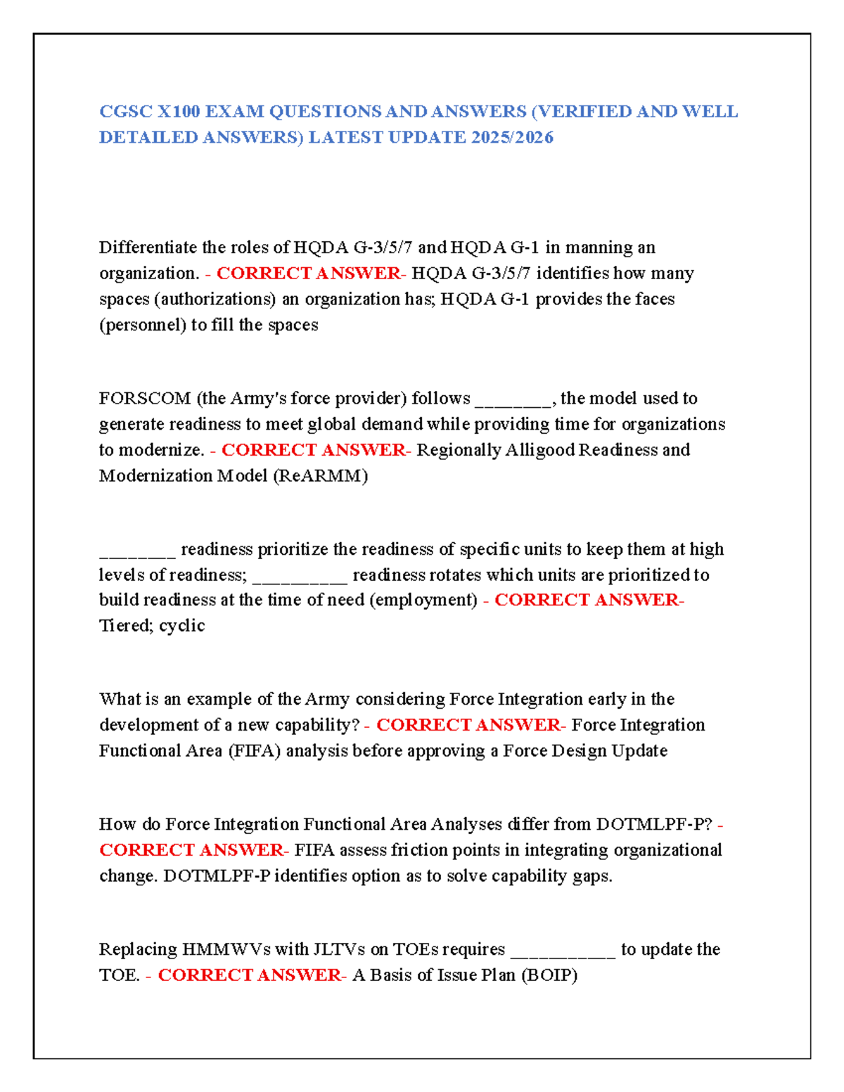 CGSC X100 FINAL EXAM QUESTIONS & ANSWERS (UPDATED) - Studocu