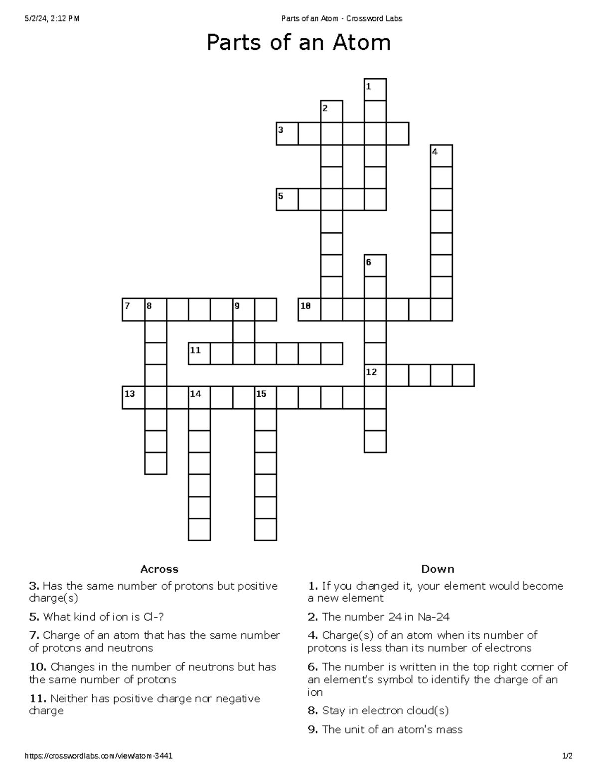 Parts of an Atom - Crossword Labs - 5/2/24, 2:12 PM Parts of an Atom ...