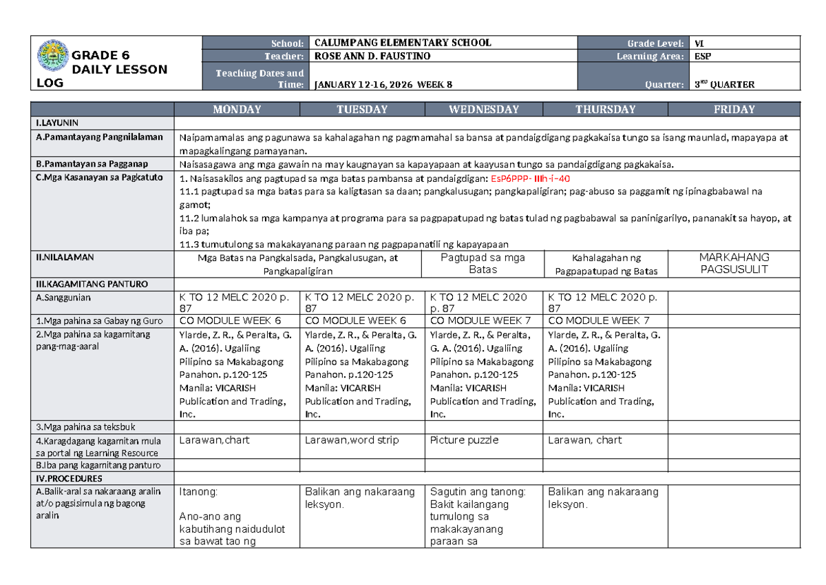 DLL ESP 6 Q3 W8: Daily Lesson Plan for Grade 6 - Week 8 - Studocu