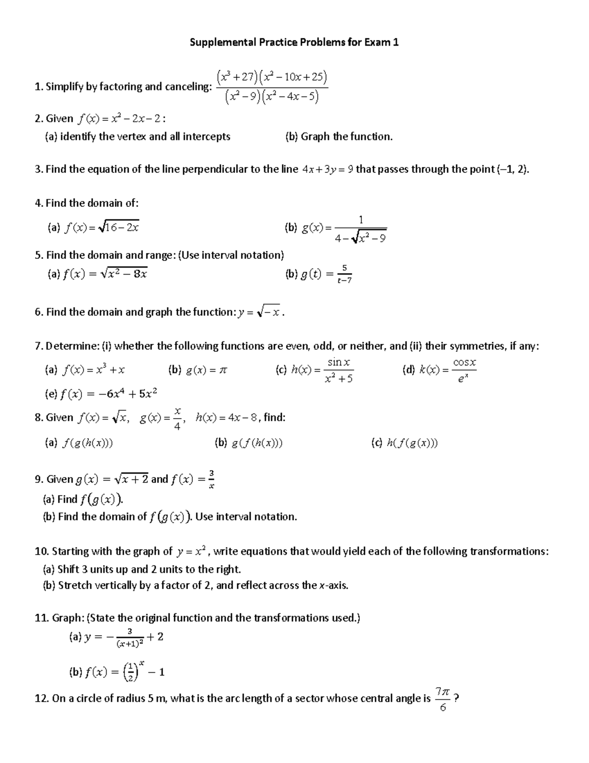 Supplemental Practice Problems for Exam 1 - Math 101 - Studocu