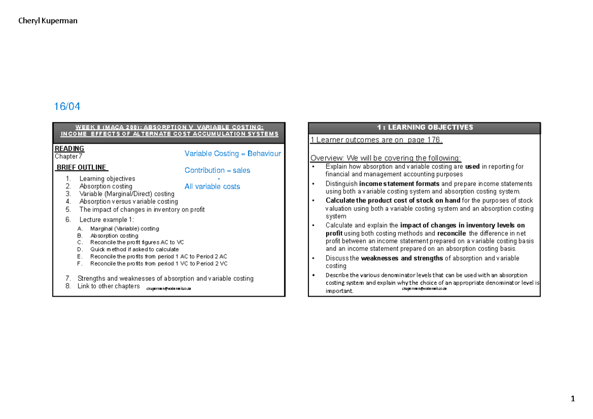 Week 8 (MACA 200): Variable vs Absorption Costing - Income Effects ...