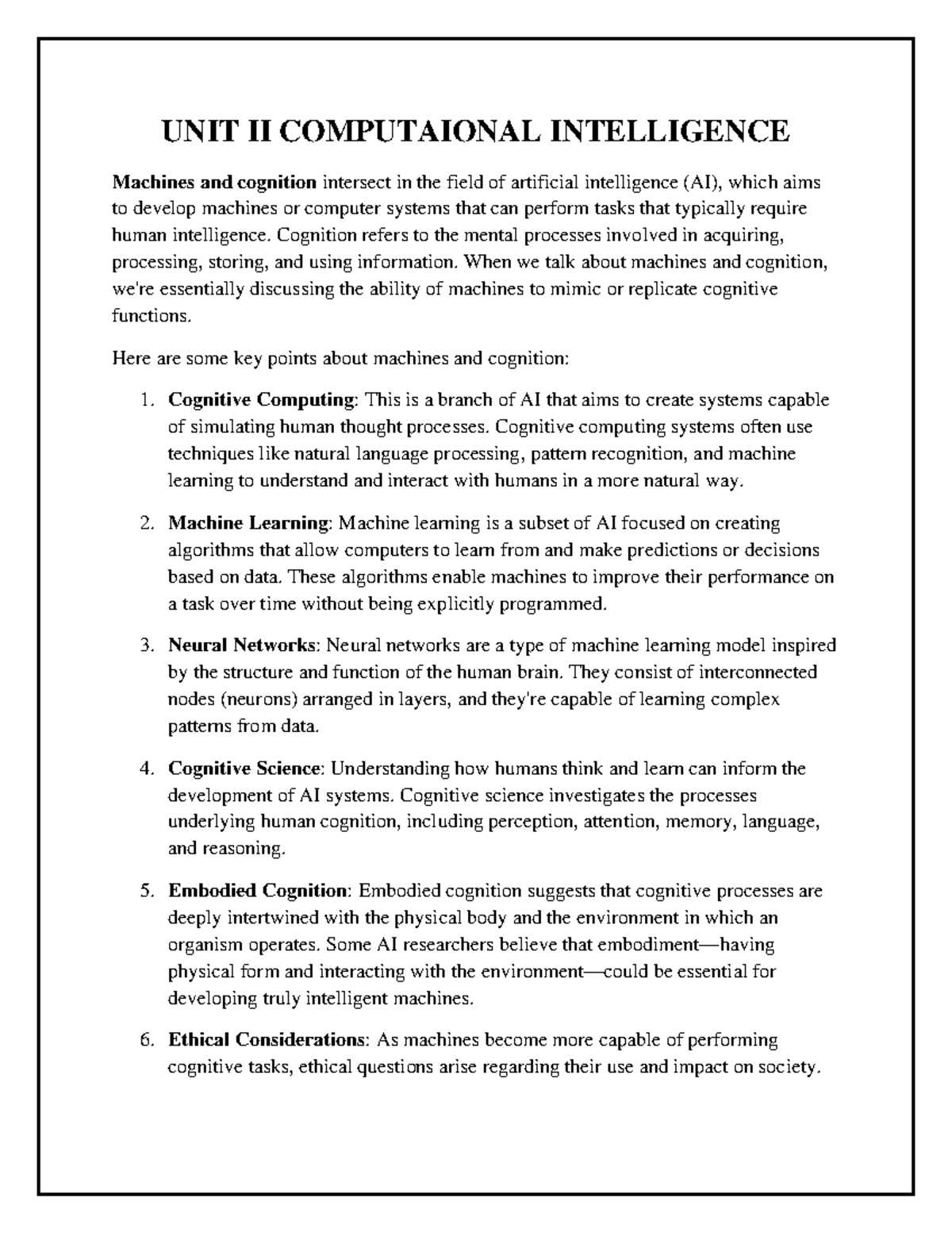 Cog science unit2 - Unit 2 - UNIT II COMPUTAIONAL INTELLIGENCE Machines ...
