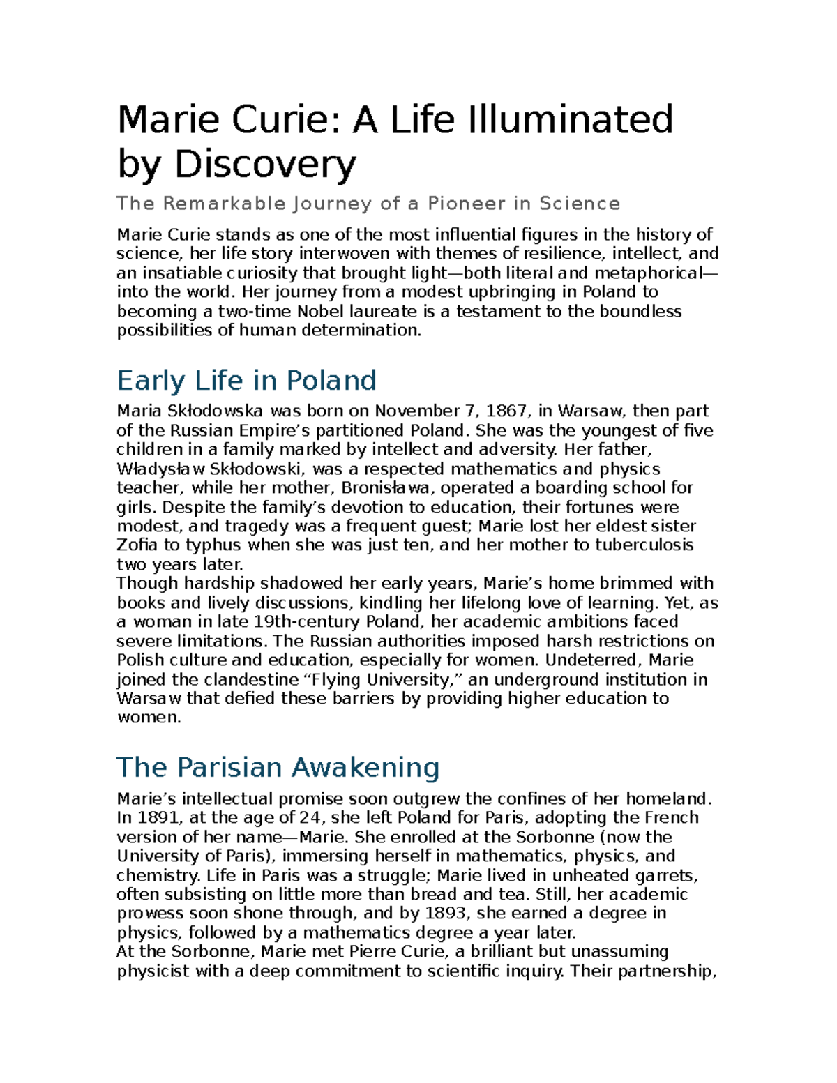 Marie Curie: A Pioneering Journey in Science (Course Code: xxxx) - Studocu