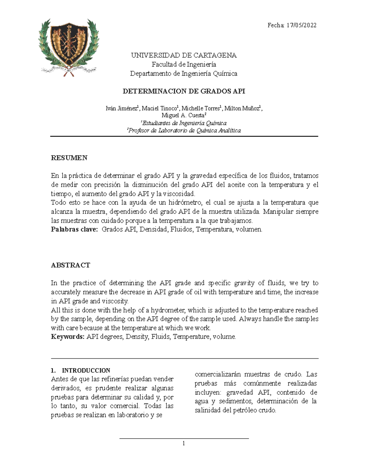 LAB Practica Determinacion Grados API - Fecha: 17/05/ 1 UNIVERSIDAD DE ...