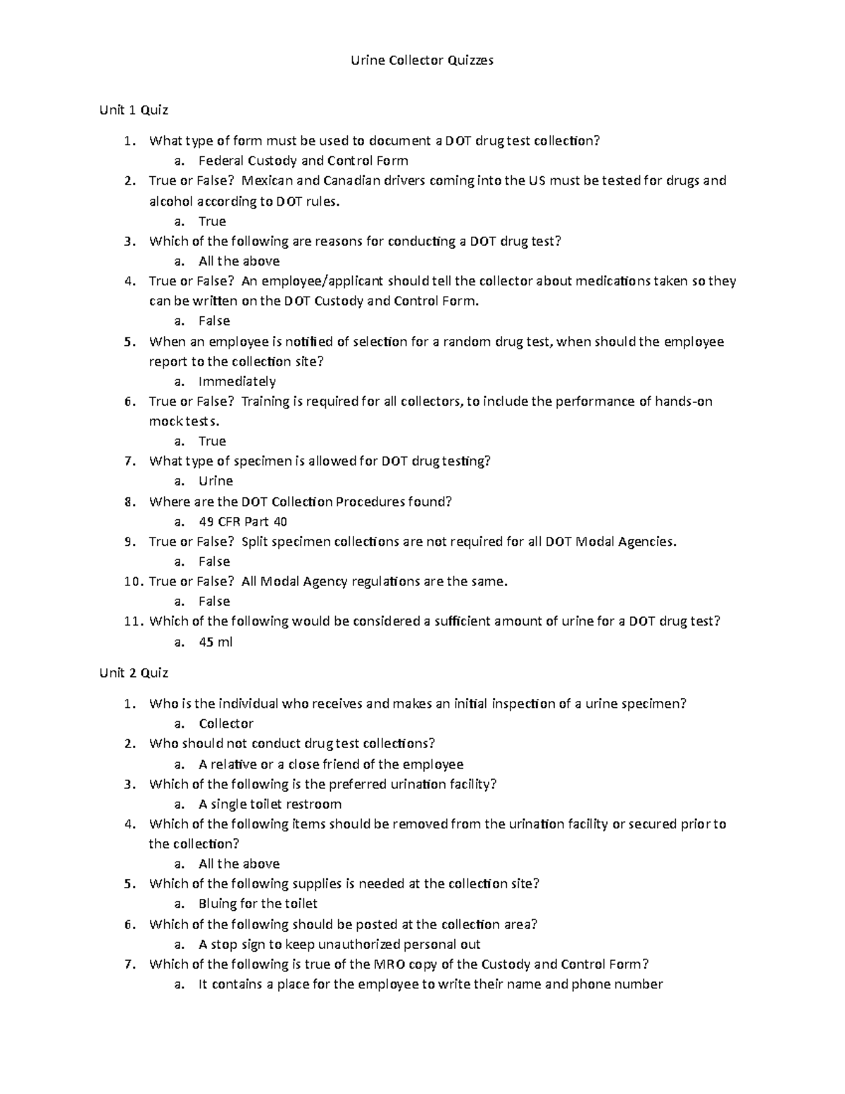 DOT Urine Collector Quiz Series: Units 1-4 Overview and Insights - Studocu