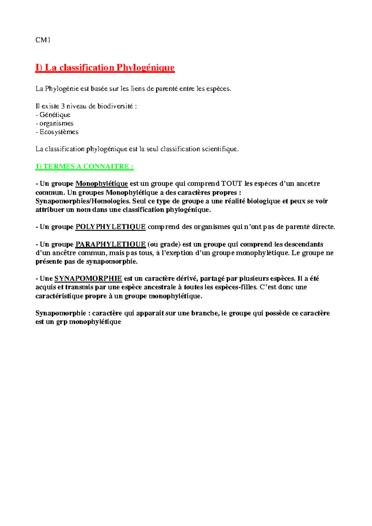 CM1 - Cours 1 bota - CM I) La classification Phylogénique La Phylogénie est basée sur les liens ...