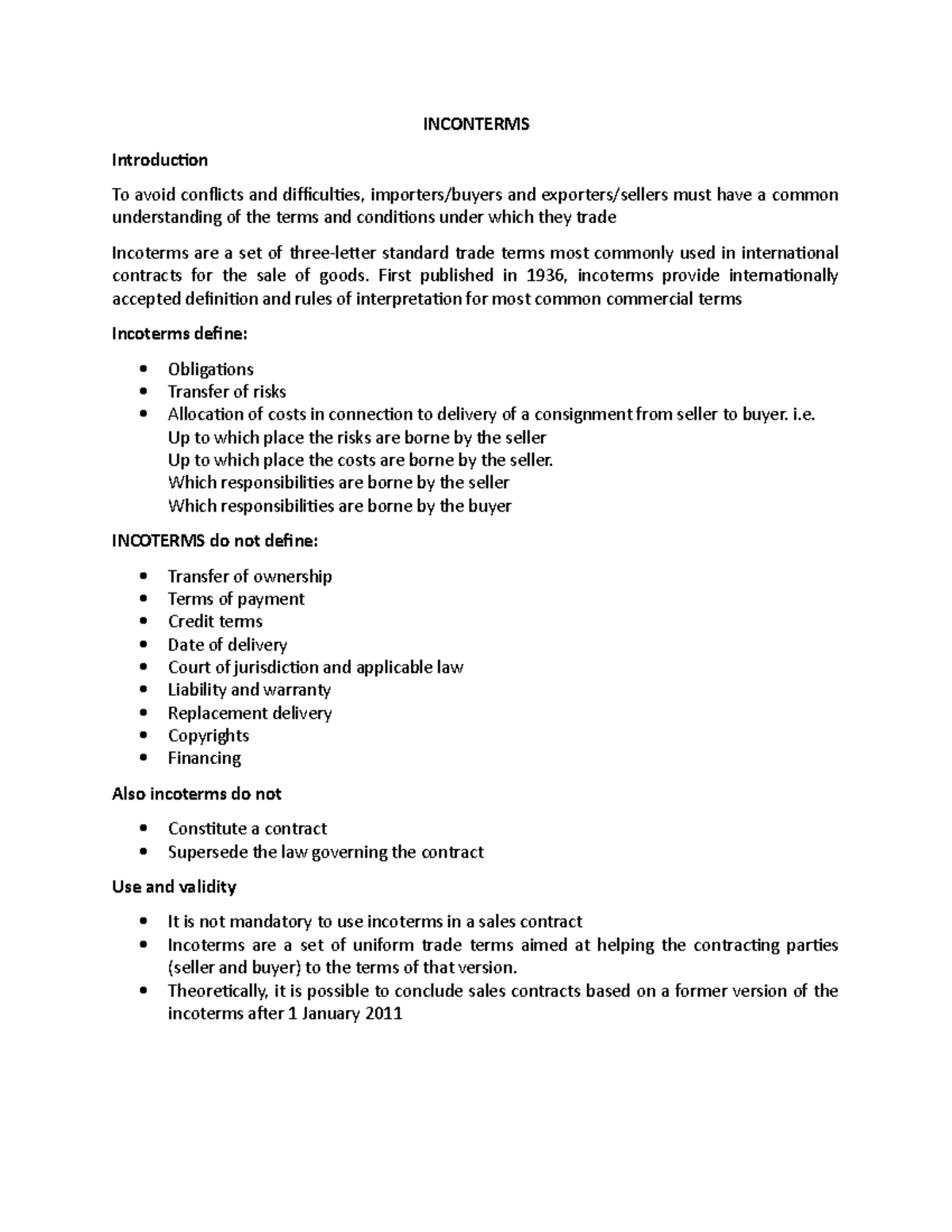 Incoterms - INCONTERMS Introduction To avoid conflicts and difficulties ...
