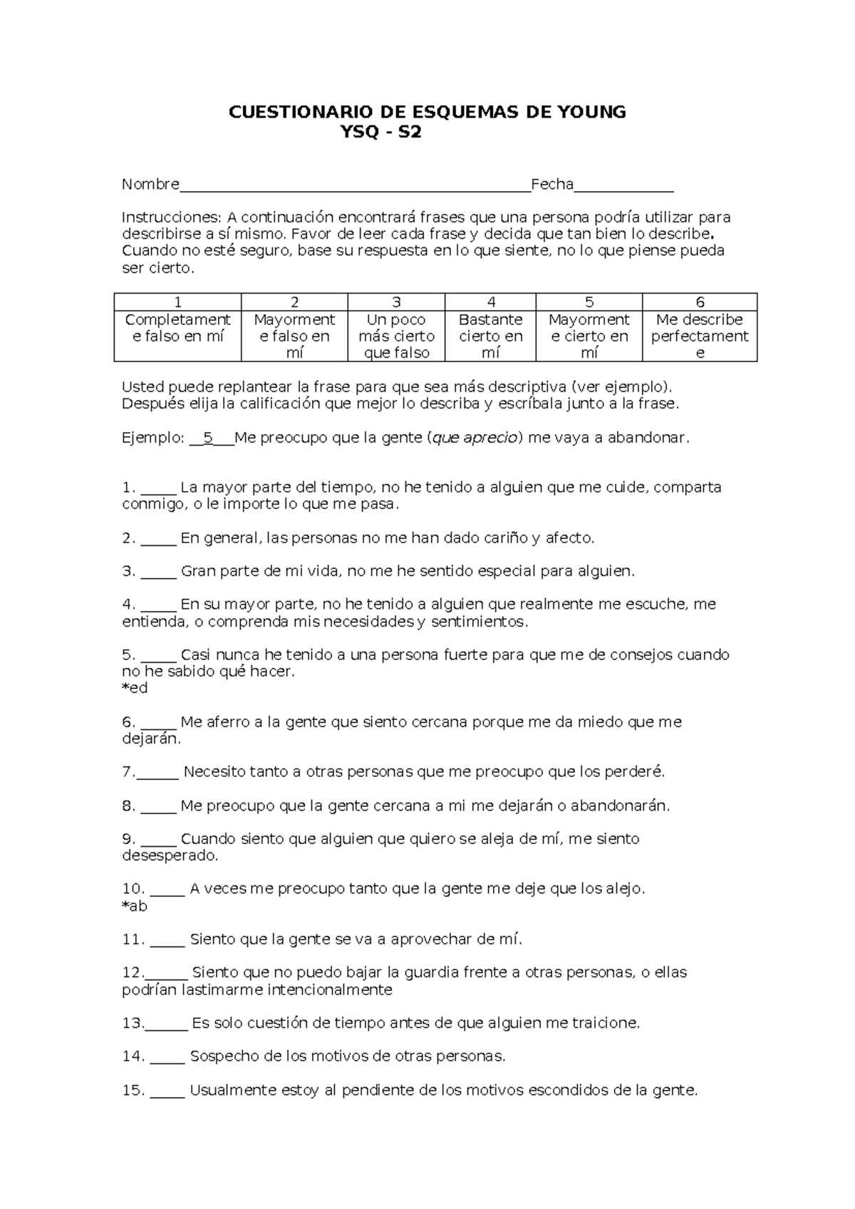 CUESTIONARIO YSQ - ESQUEMAS DE YOUNG - TEST - Studocu