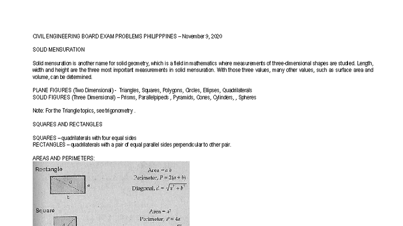 CIVL 101: Solid Mensuration Review for Civil Engineering Board Exam - Studocu