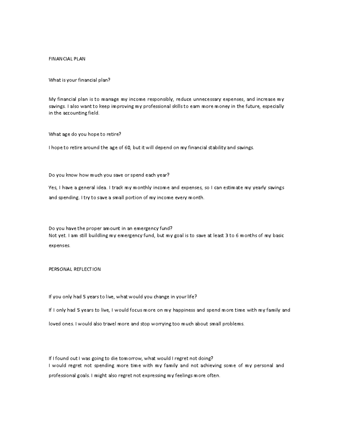 FIN 101: Financial Plan Reflection and Personal Insights - Studocu