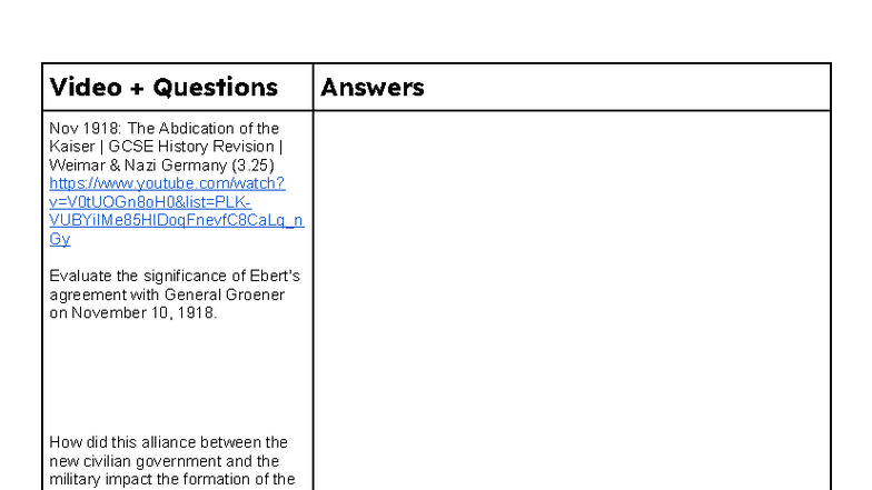 Weimar Republic Video Questions: GCSE History Revision (3.25) - Studocu