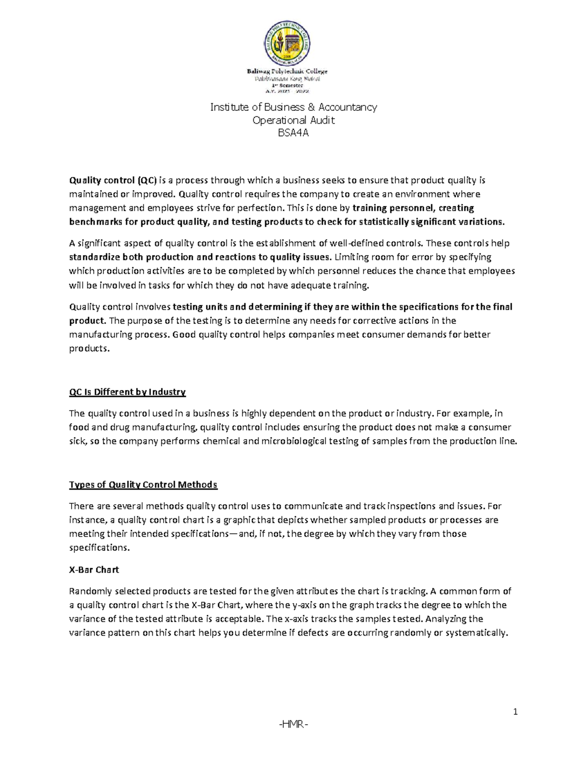 Module 6 - Operational Audit: Quality Control Methods & Insights - Studocu