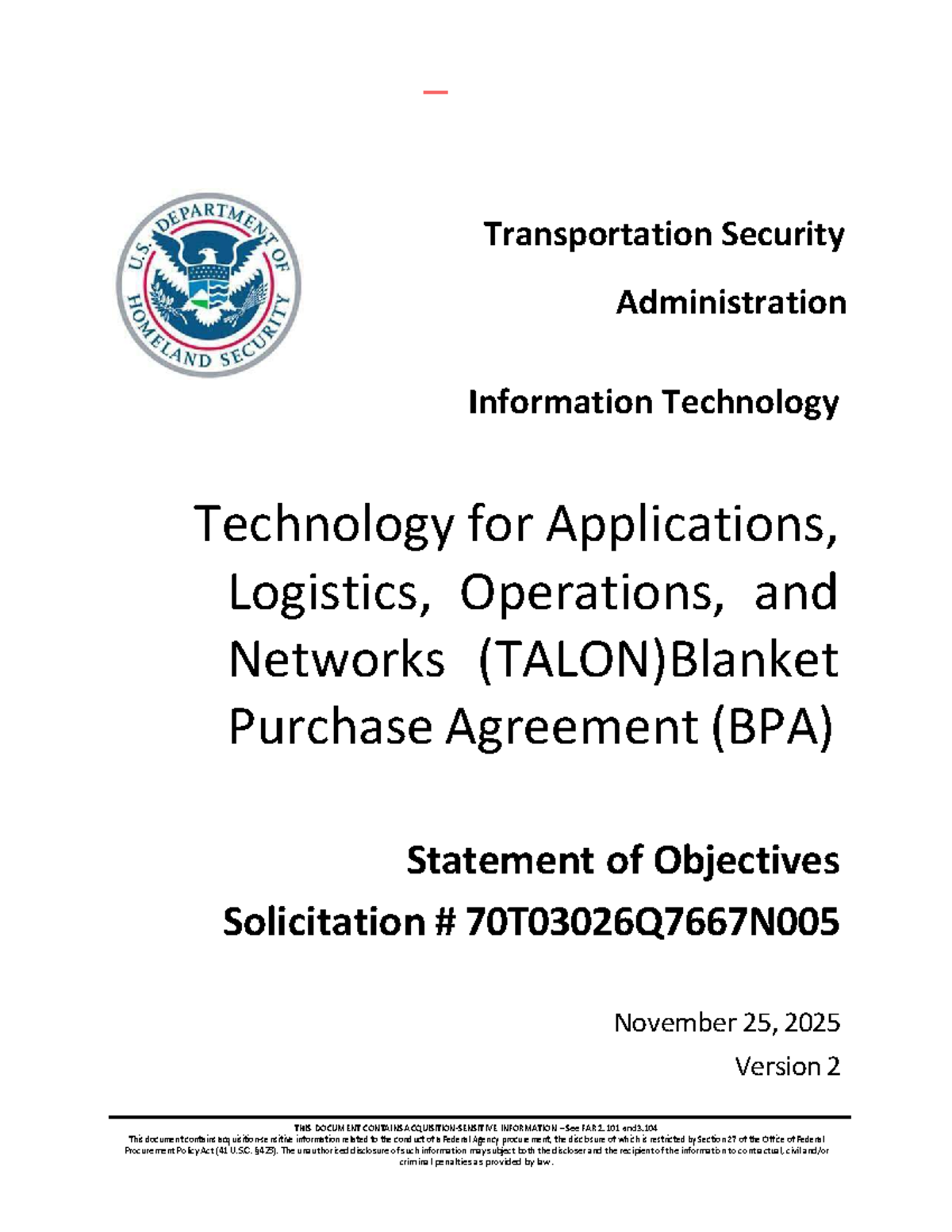 TSA TALON Blanket Purchase Agreement (BPA) Statement of Objectives ...