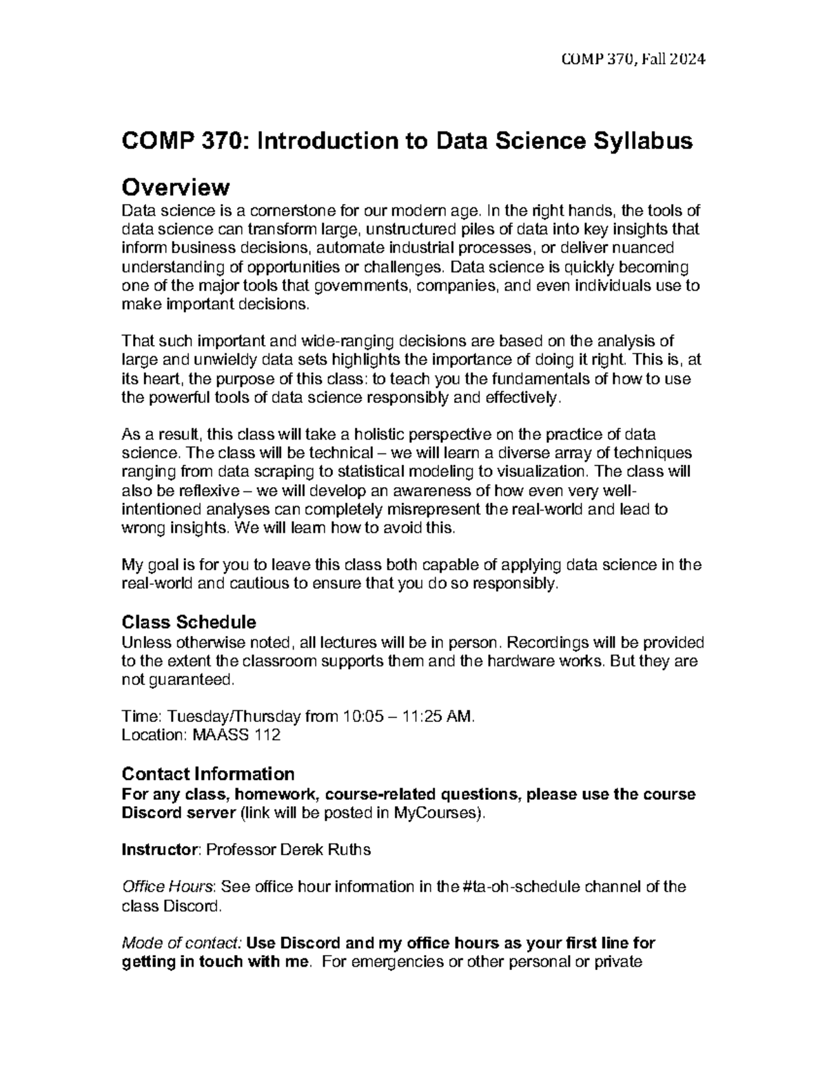 [COMP 370] Syllabus for Introduction to Data Science Course 2024 - Studocu