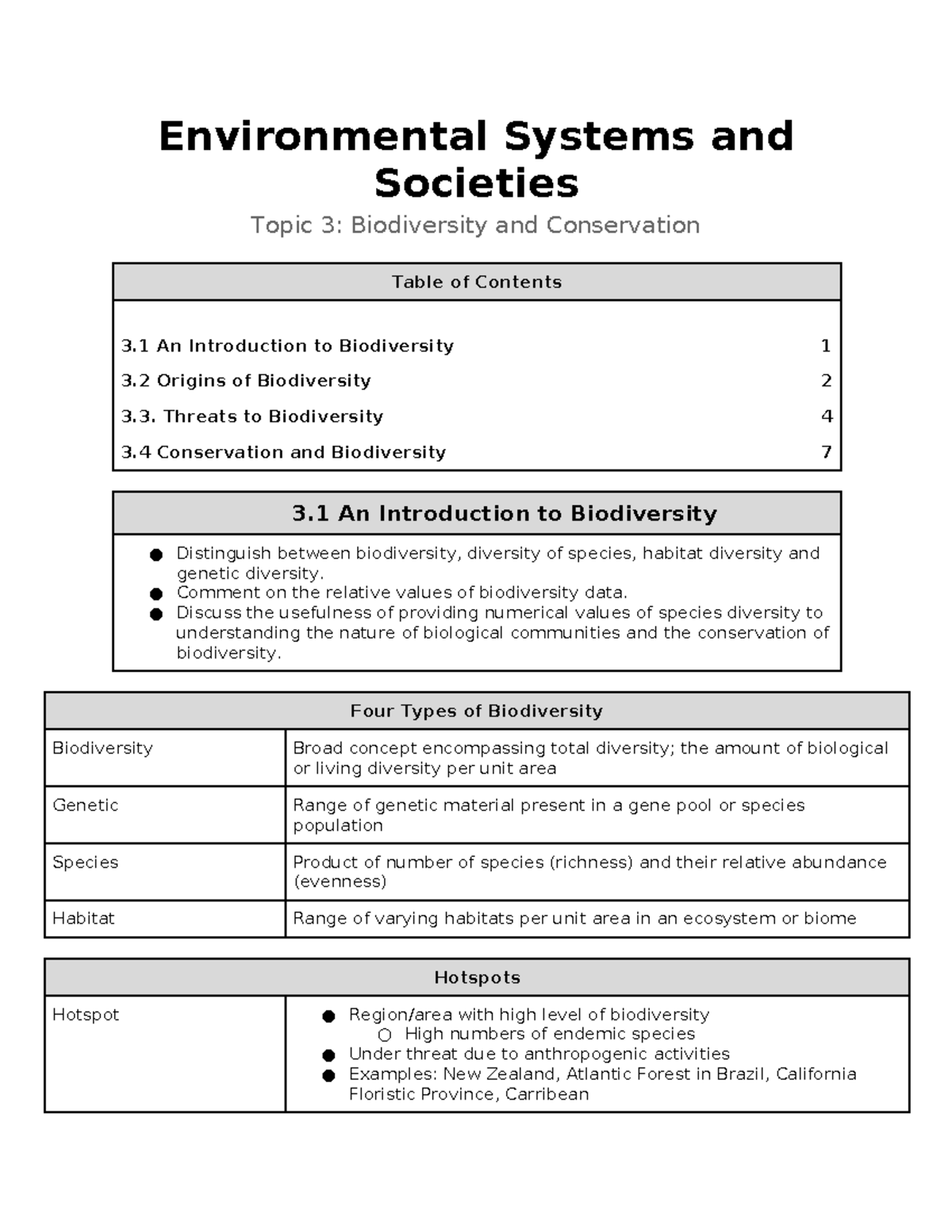 Biodiversity and Conservation in Environmental Systems (Topic 3) - Studocu