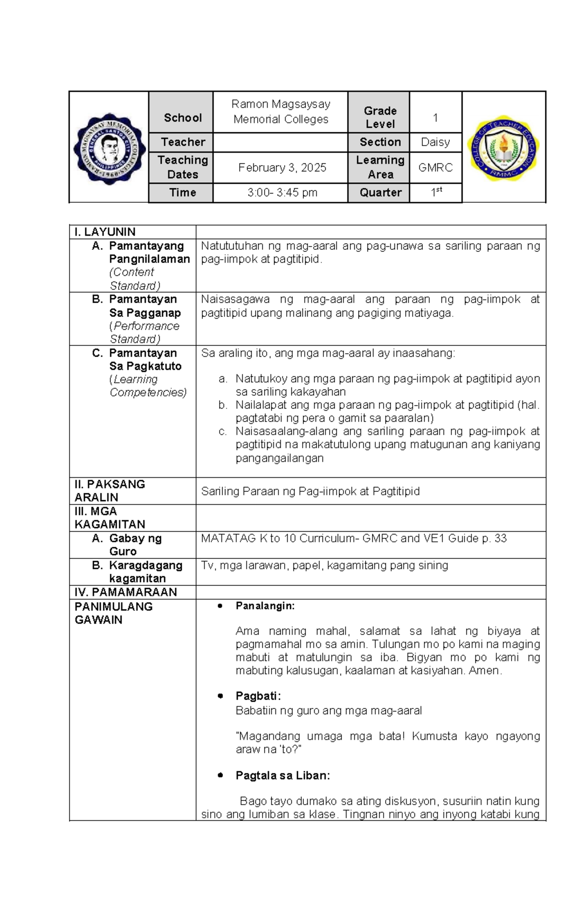 GMRC LP - Lesson Plan on Saving and Frugality for Grade 1 - Studocu