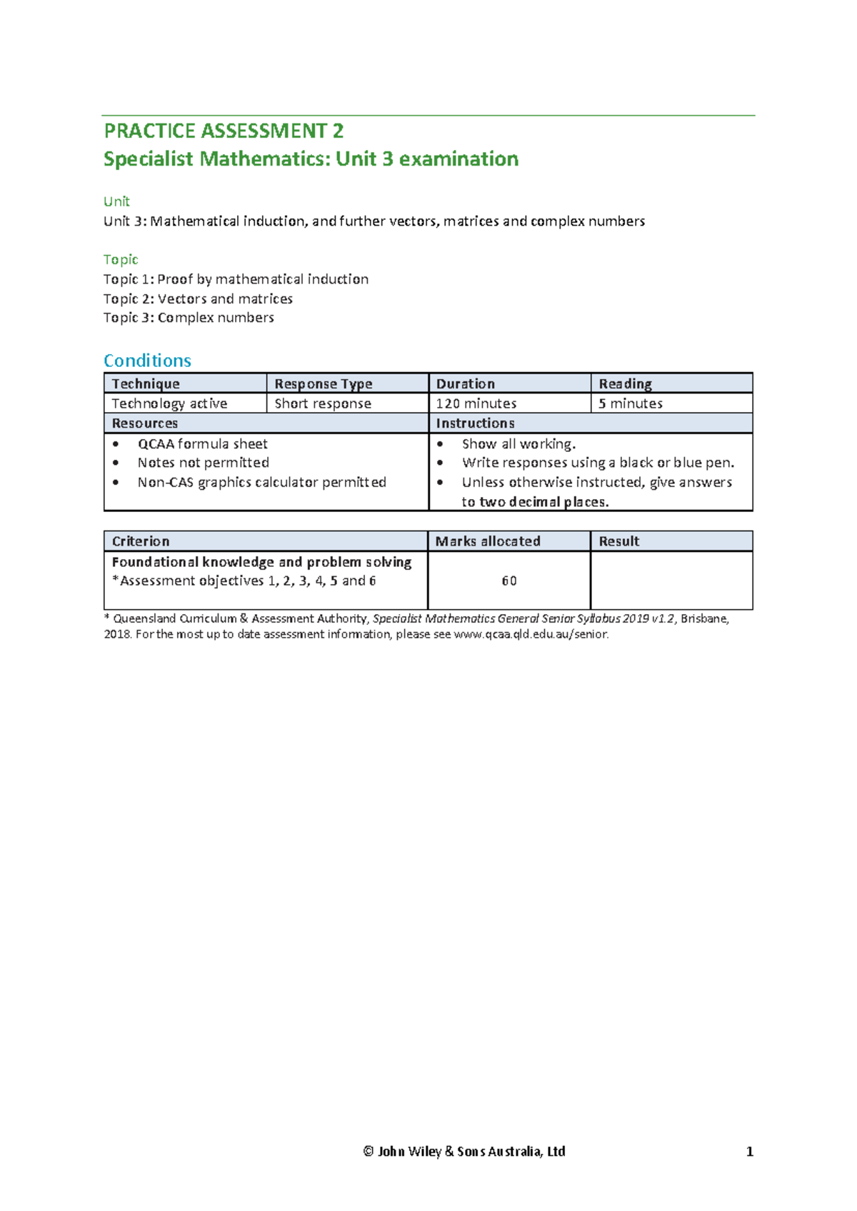 PRACTICE ASSESSMENT 2: Specialist Mathematics Unit 3 Exam on Induction ...