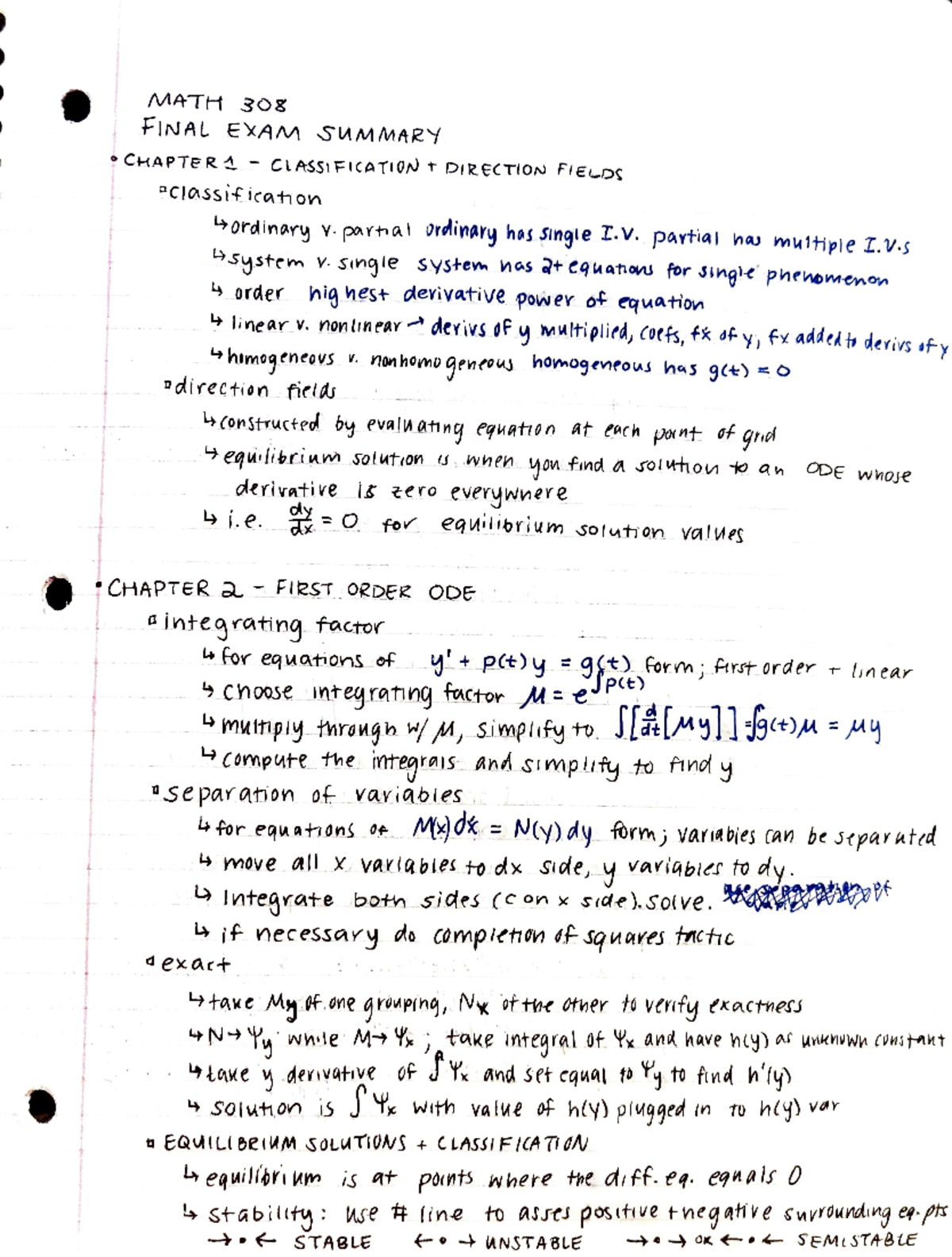 MATH 308 Final Exam Summary: Key Concepts & Equations - Studocu