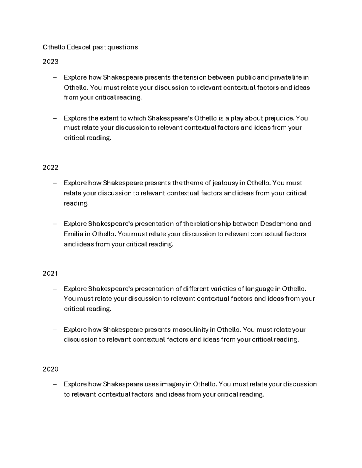 Edexcel Othello Past Paper Questions (2020-2023) Analysis Guide - Studocu