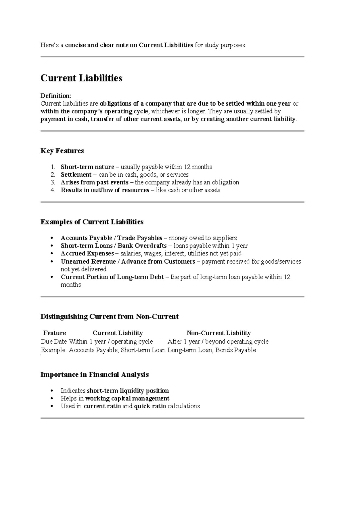 Current Liabilities Notes: Key Features and Examples for Study - Studocu