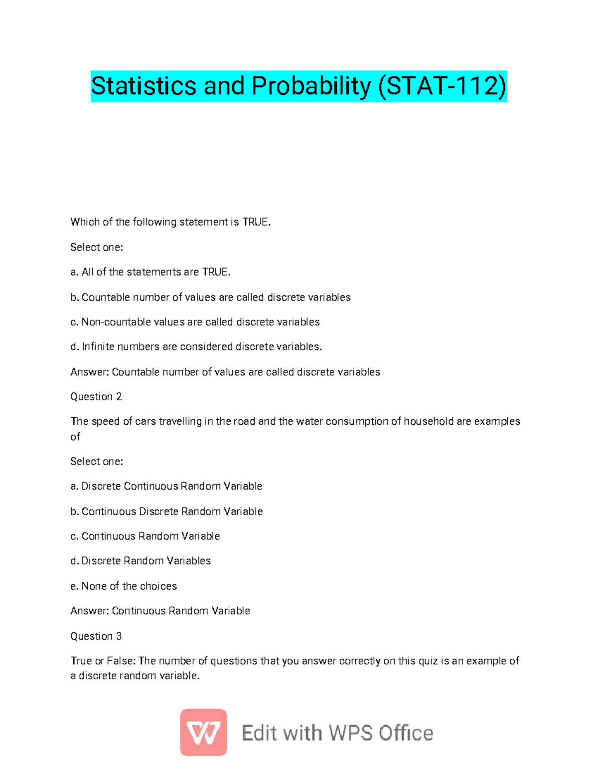 Statistics Quiz 1 (STAT-112): Concepts of Random Variables & Probability - Studocu
