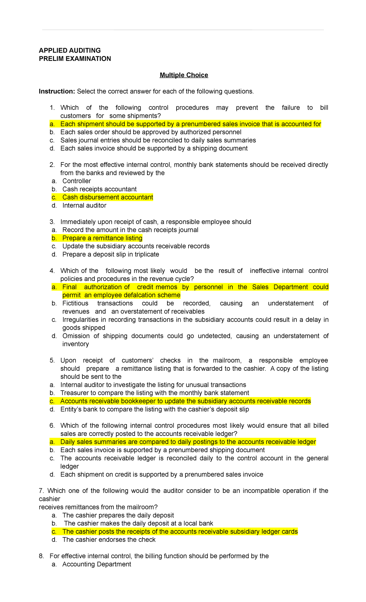 Applied Auditing Prelim Exam - APPLIED AUDITING PRELIM EXAMINATION Multiple Choice Instruction ...