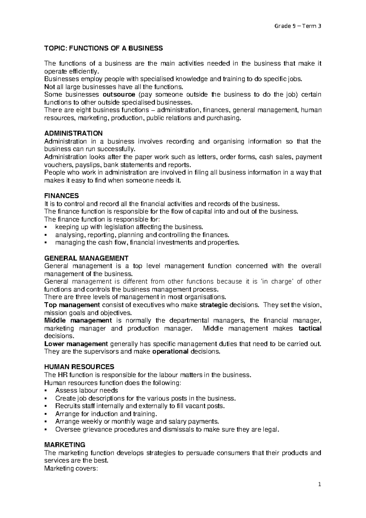 Topic 4 term 3 2020 business functions - Grade 9 – Term 3 1 TOPIC ...