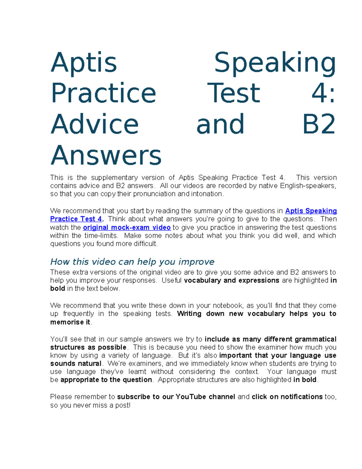 Aptis Speaking Practice Test 4: B2 Advice & Sample Answers - Studocu