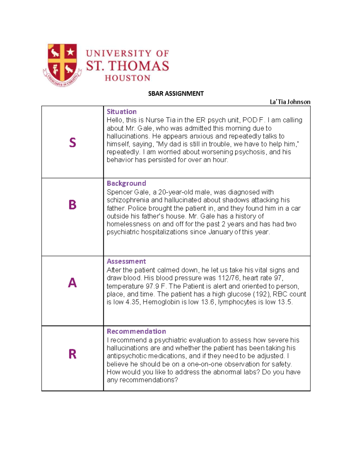 SBAR Assignment: Clinical Assessment of Mr. Gale's Psychosis - Studocu