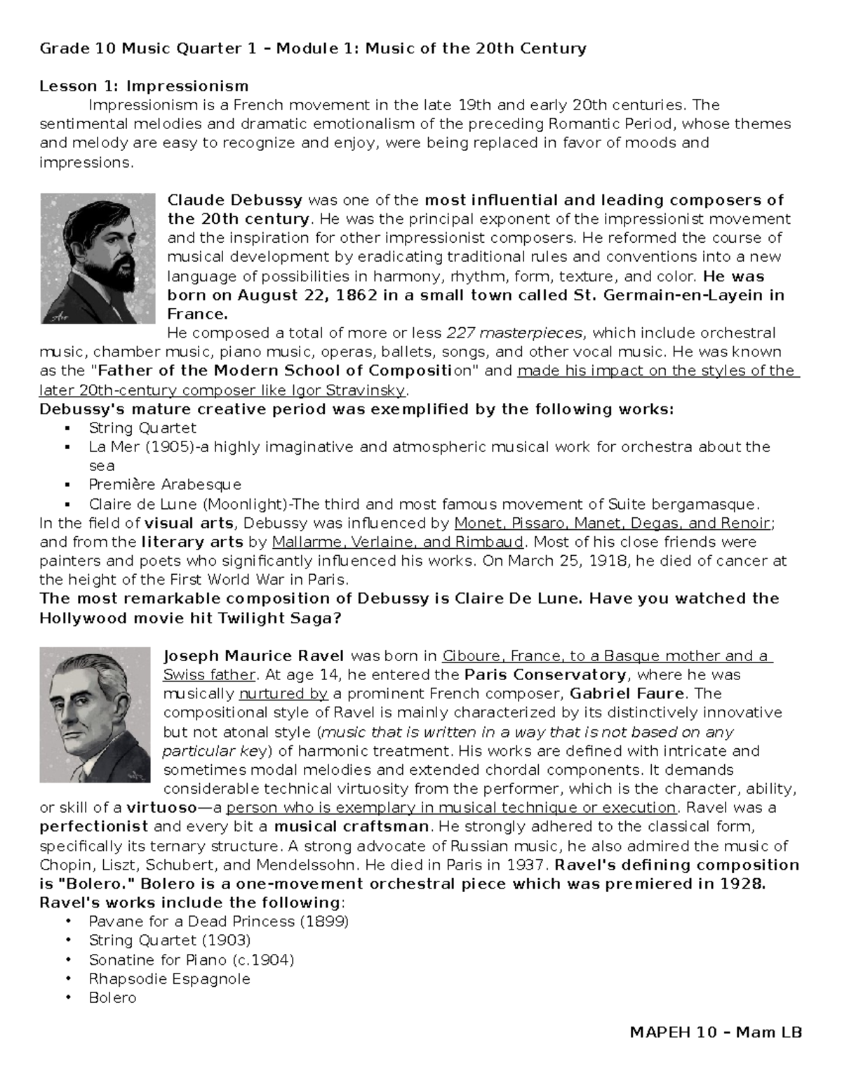 Mapeh 10 Q1 L1 Music - Impressionism & Expressionism Lecture Notes ...